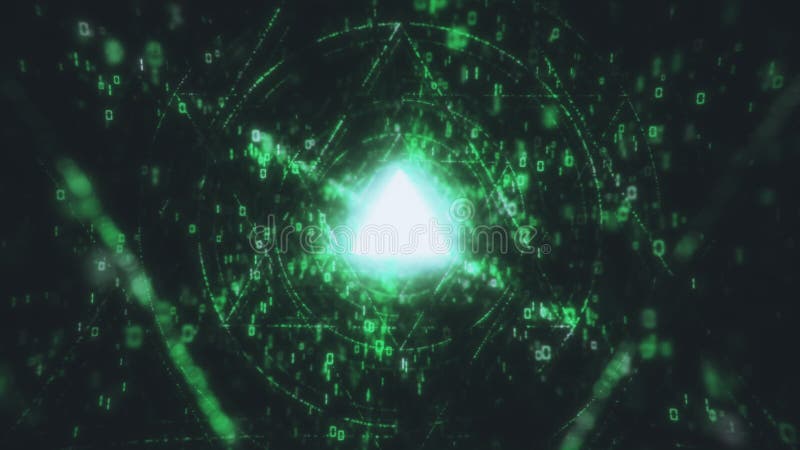 3D Big Data Digital Tunnel Triangle with Futuristic Matrix. Network of Particles with Binary ...