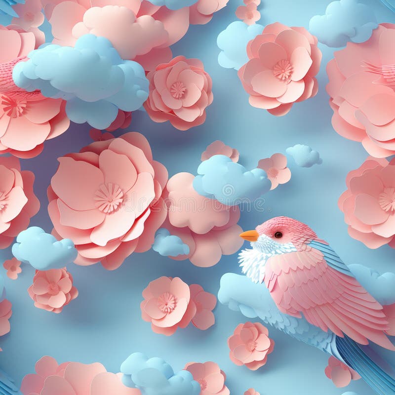 3D Birds and Clouds Seamless Pattern. Beautiful Light 3d Tileble ...