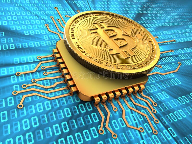 3d bitcoin with cpu gold stock illustration. Illustration of mining ...