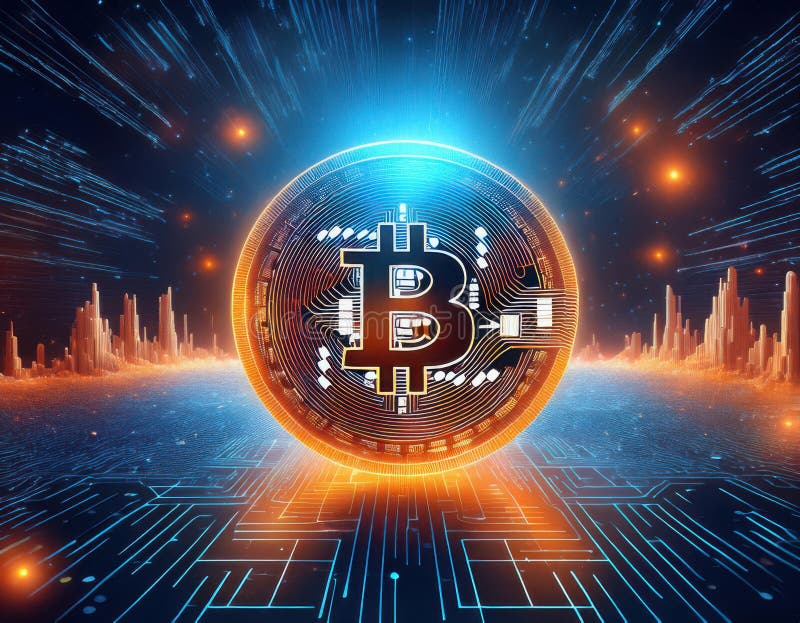 A 3D Bitcoin Logo Glowing in a Cyber Network Stock Illustration ...