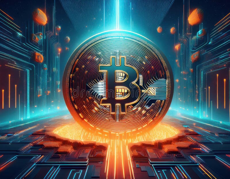 A 3D Bitcoin Logo Rising in a High-tech World Stock Illustration ...