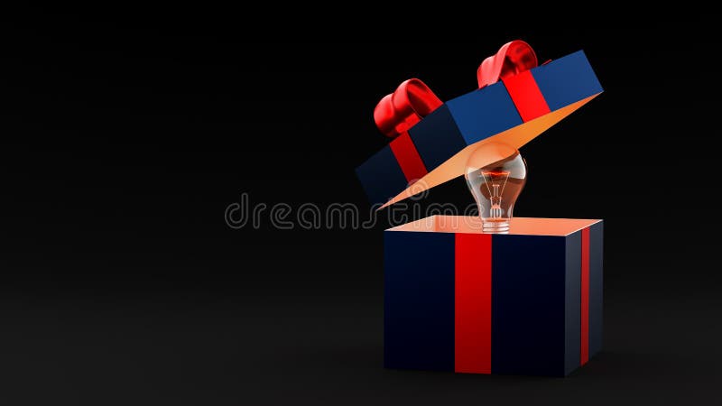 3D Black Gift Box Opened with Turned on Lightbulb Inside on a Black ...
