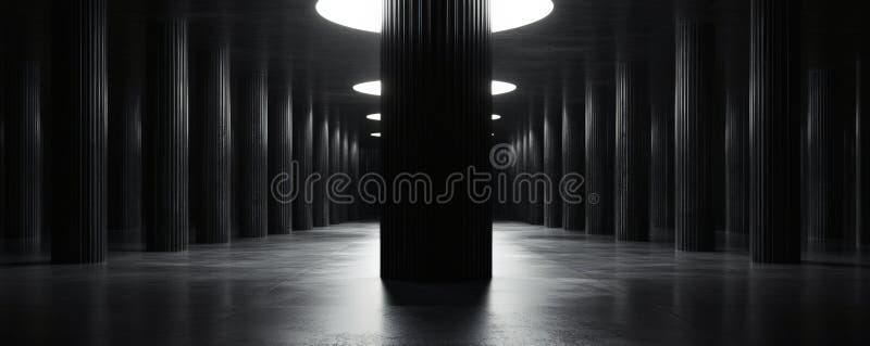 3D Black Interior Featuring a Large Central Column with Ridged Textures ...