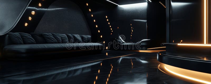3D Black Interior with Glossy Black Surfaces Reflecting Soft, Ambient Lighting. the Space ...