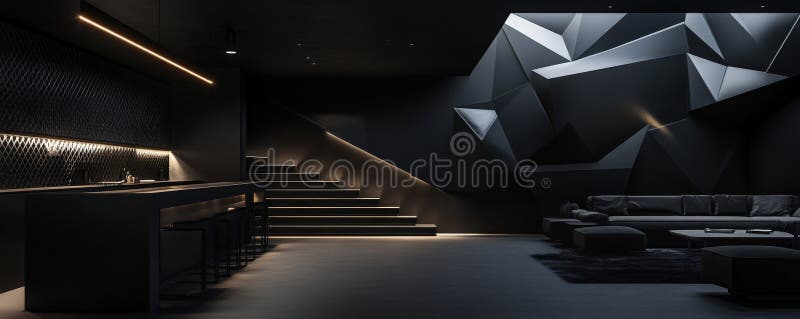 A 3D Black Interior with Sharp, Angular Shapes and Recessed Lighting ...