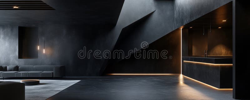 A 3D Black Interior with Sharp, Angular Shapes and Recessed Lighting ...