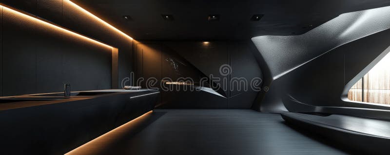 A 3D Black Interior with Sharp, Angular Shapes and Recessed Lighting ...