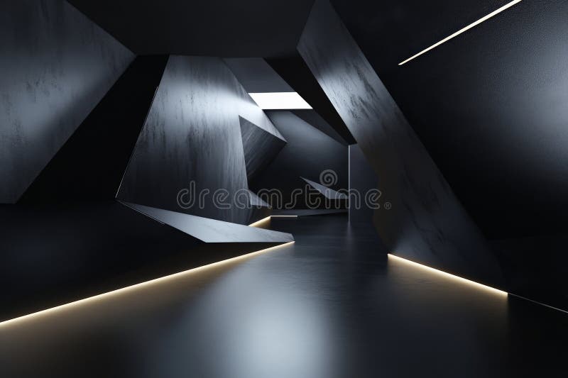 A 3D Black Interior with Sharp, Angular Walls and Floating Panels. the ...