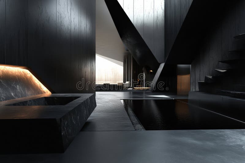 A 3D Black Interior with Sharp, Angular Walls and Floating Panels. the ...