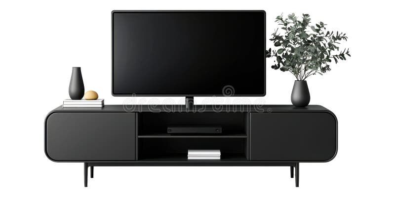 3D Black Media Console with TV and Decor Isolated on Transparent ...