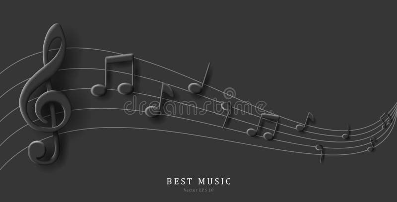 3d Black Music Illustration with Clef and Notes on Note Wave Lines ...