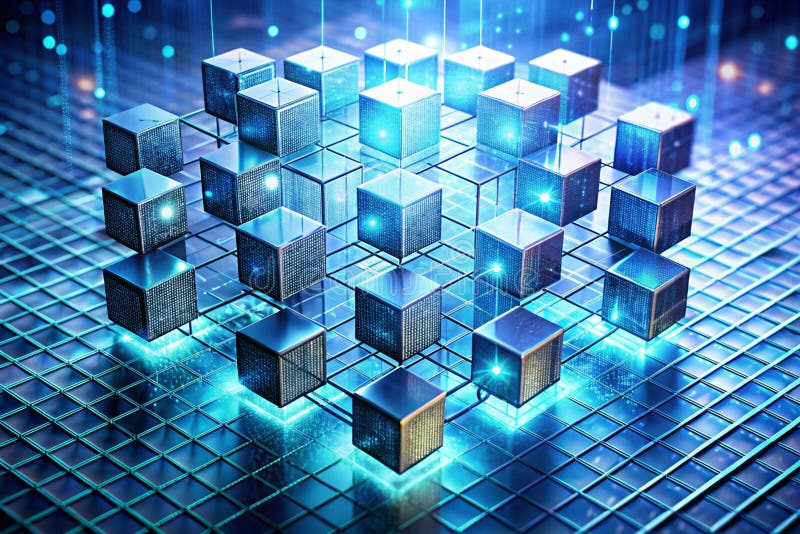 3D Blockchain Concept with Square Blocks and Digital Field Background ...