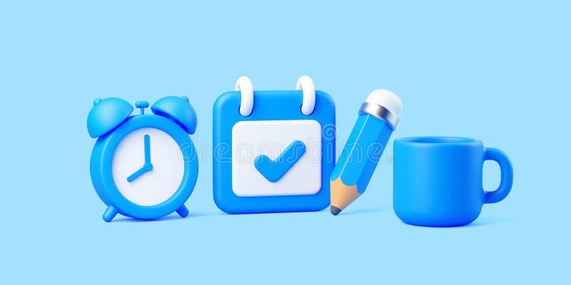 3D Blue Alarm Clock, Calendar, Pencil, and Coffee Mug on Light Blue ...