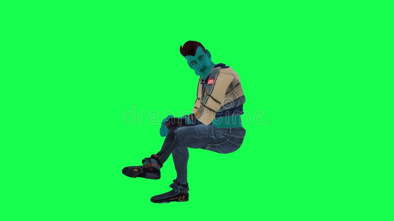3D Blue Animated Giant Sitting Talking from Right Angle on Green Screen ...