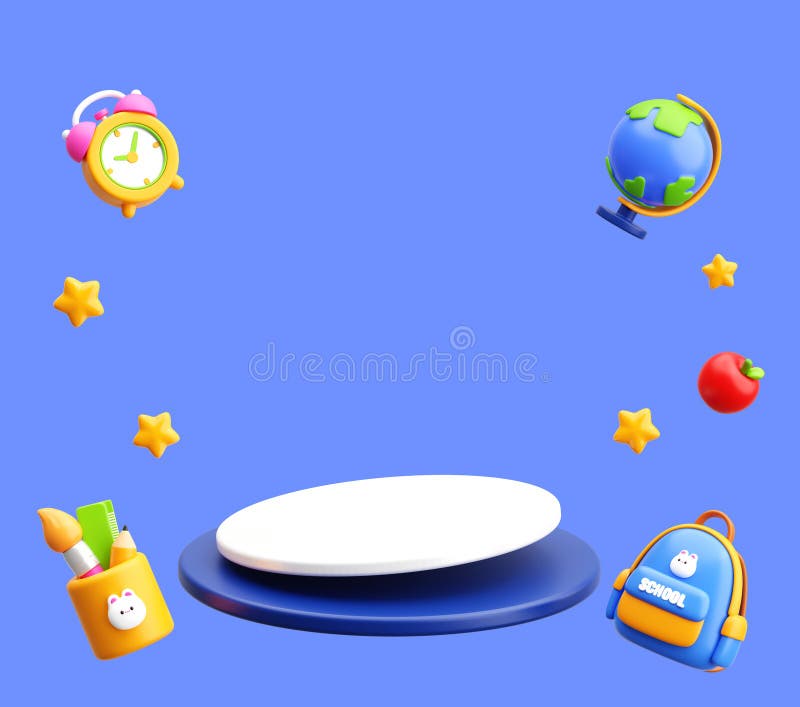 3D Blue Back To School Scene with School Supplies, Globe, and Backpack ...