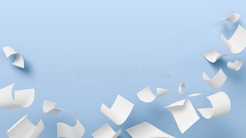 3d Blue Background with White Paper Sheets Falling Down. Scatter Blank ...
