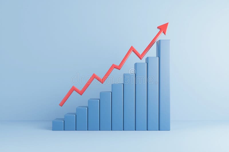 3D Blue Bar Chart Rises with a Red Line Showing Change Stock ...