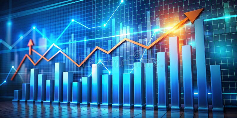 3D Blue Bars Graph with Orange Arrow Up Showing Growth and Success ...
