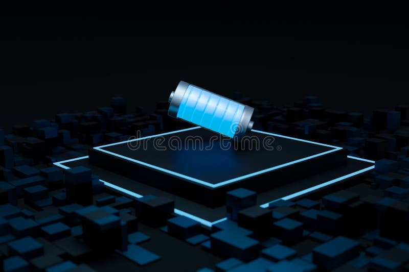 3D Blue Battery with Technology Background. Research and Development ...