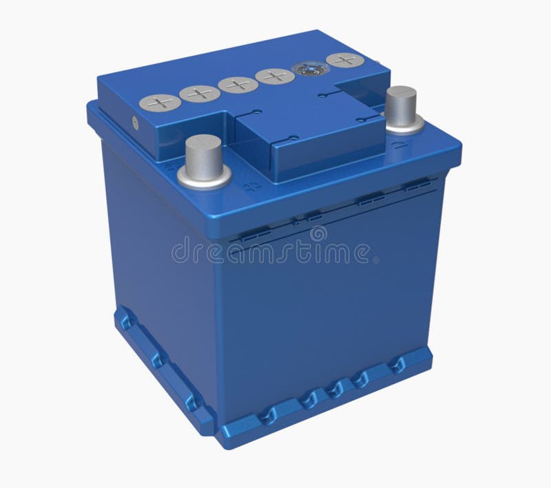 3D Blue Car Battery with Gray Terminals on White Stock Illustration ...
