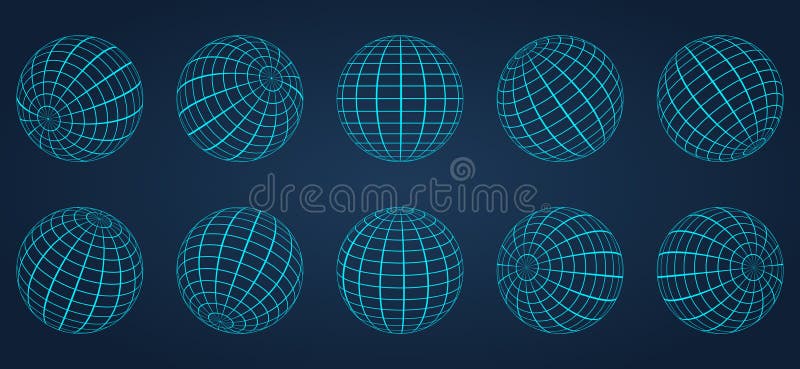 3D Blue Globe Grid Sphere Set on Dark Background. Geometric Round Grid ...