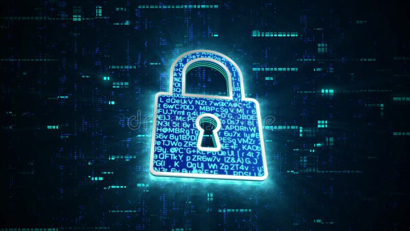 3D Blue Lock Glowing Shining with Blue Binary Code Encryption Data ...