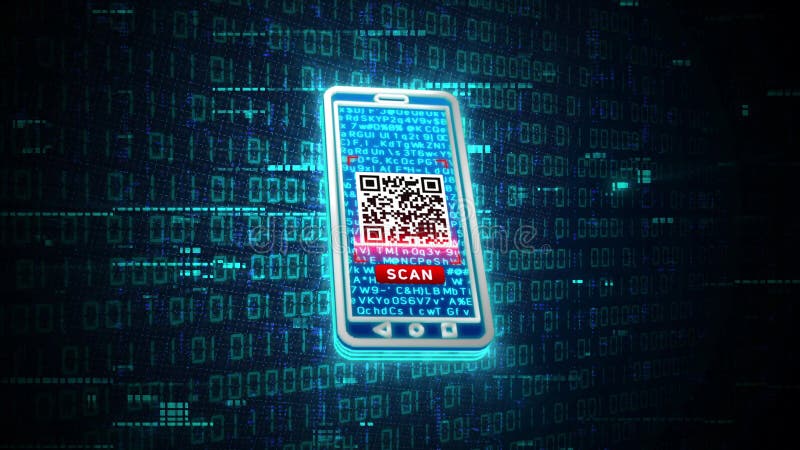 3D Blue Mobile Phone Scanning QR Code Glowing Shining with Blue Binary ...
