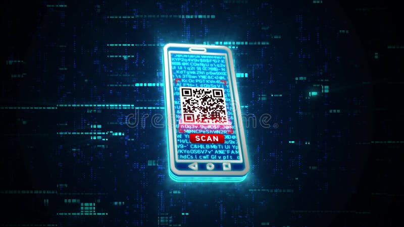 3D Blue Mobile Phone Scanning QR Code Glowing Shining with Blue Binary ...