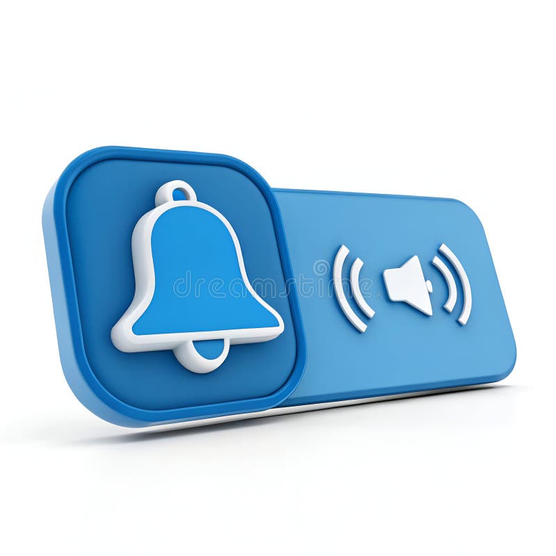 3D Blue Notification Bell Icon with Message Button Isolated on White ...
