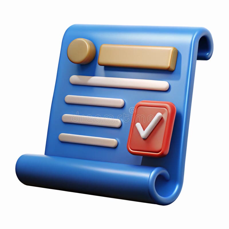 3D Blue Scroll Document Icon with Red Checkmark and Gold Button on ...