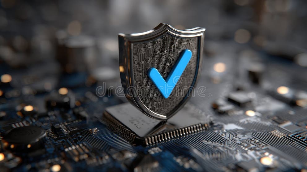 3D Blue Shield Icon with a Check Mark Sign on an Abstract Motherboard ...