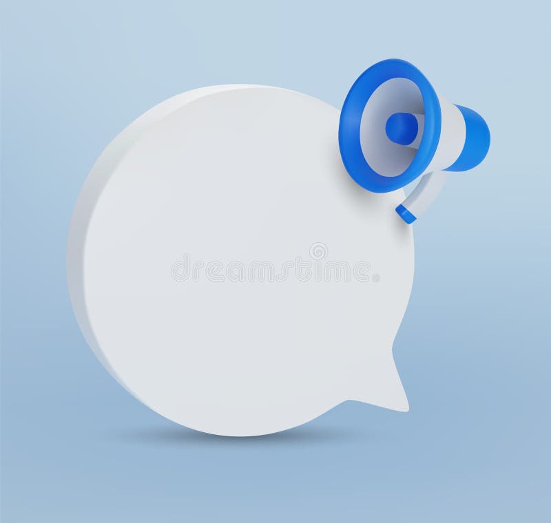3D Blue and White Colored Megaphone Speaker with Speech Bubble, Vector ...