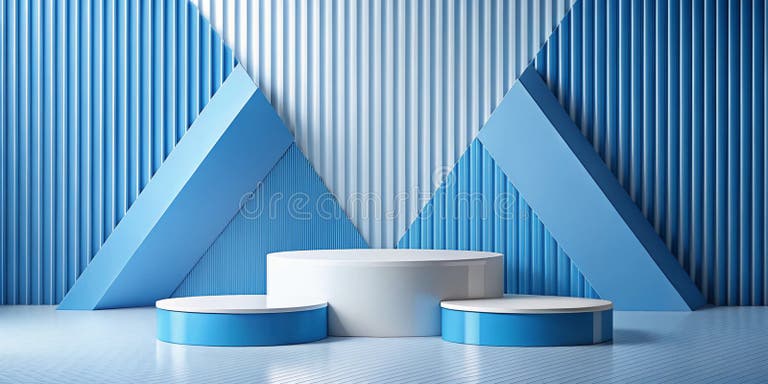 3D Blue and White Cylinder Pedestal with Triangular Layers Stock ...