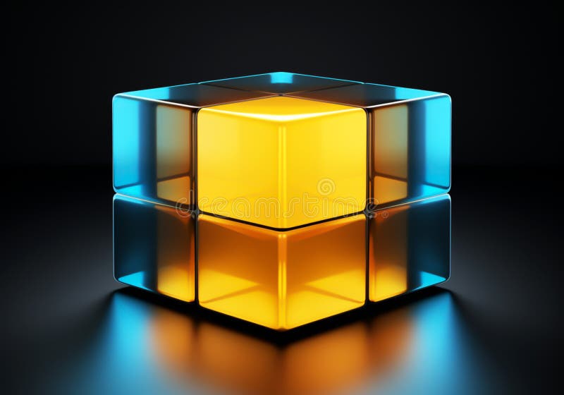 3D Blue and Yellow Cube with Refraction and Holographic Effect Light on ...