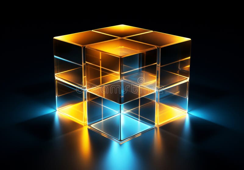 3D Blue and Yellow Cube with Refraction and Holographic Effect Light on ...