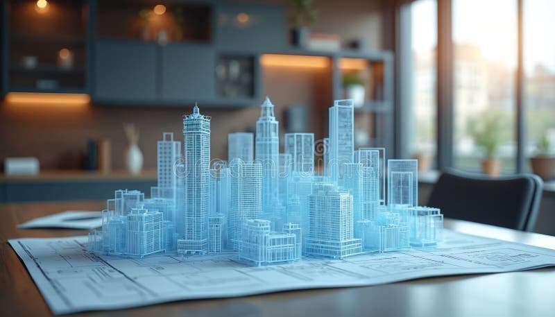 3D Blueprints of Real Estate Project on Table in Modern Office. Real ...