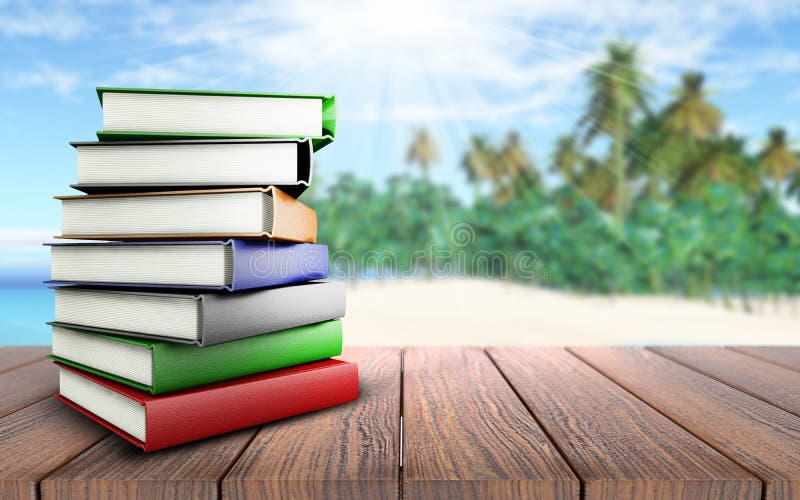 3D Books on Wooden Table Looking Out To Palm Tree Beach Stock ...