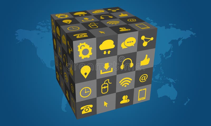 3D Box of Social Media Icons on Blue Background Stock Illustration ...