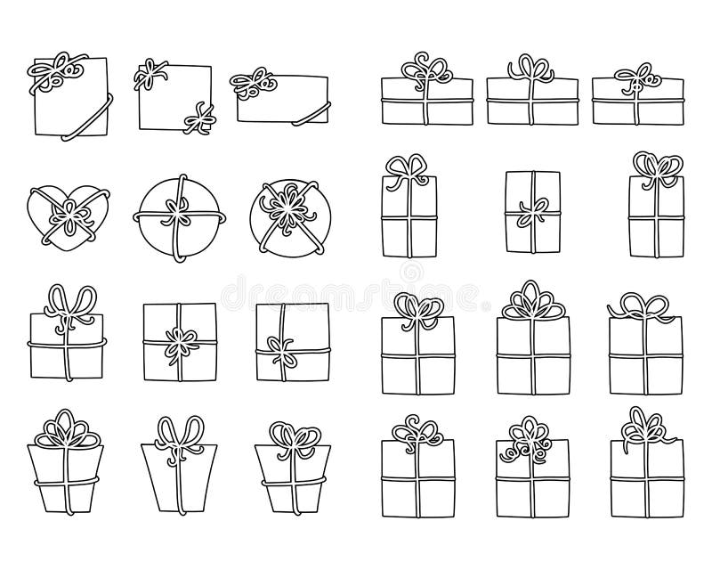 Pack of Hand Drawn Vector Illustrations of Simple Closed Wrapped Gift ...