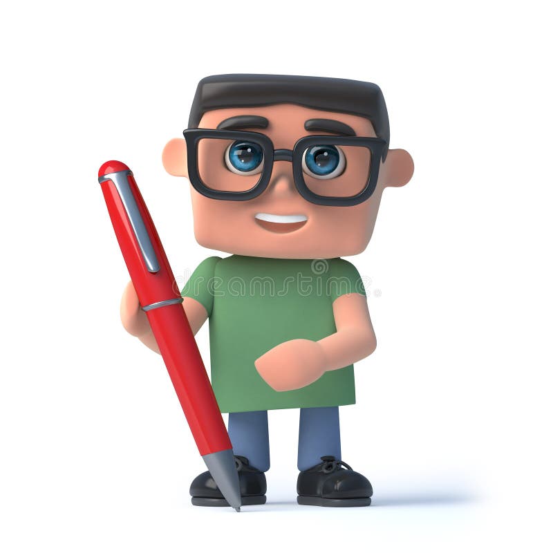 3d Boy in Glasses Writing with a Pen Stock Illustration - Illustration ...