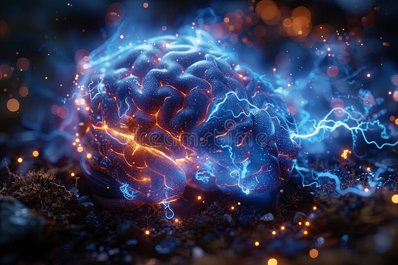 3d Brain Brain in Blue, Electrical Wire, Lightning in Blue, in the ...