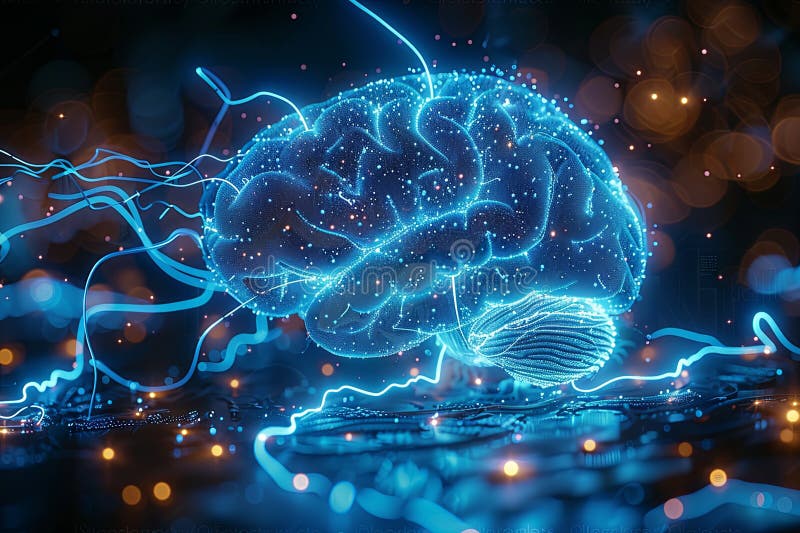 3d Brain Brain in Blue, Electrical Wire, Lightning in Blue, in the ...