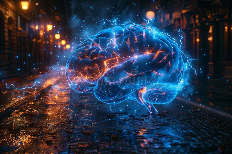3d Brain Brain in Blue, Electrical Wire, Lightning in Blue, in the ...