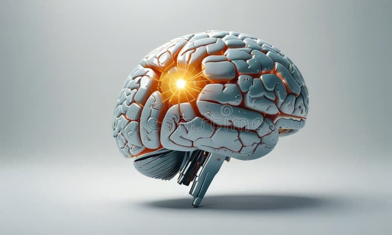 3D Brain with Bright Orange Light at Its Center, Set Against Gray ...