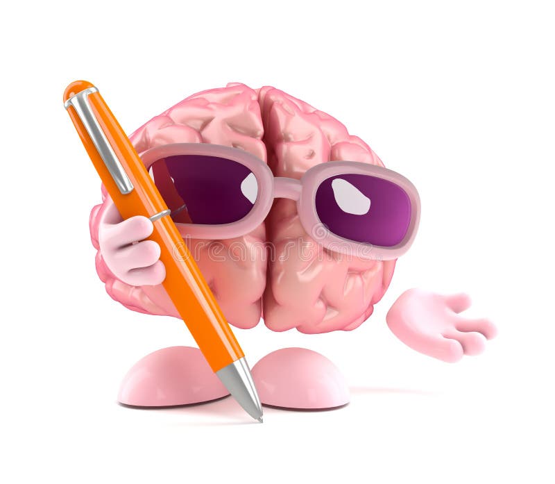 3d Brain holding a pen stock illustration. Illustration of think - 42257516