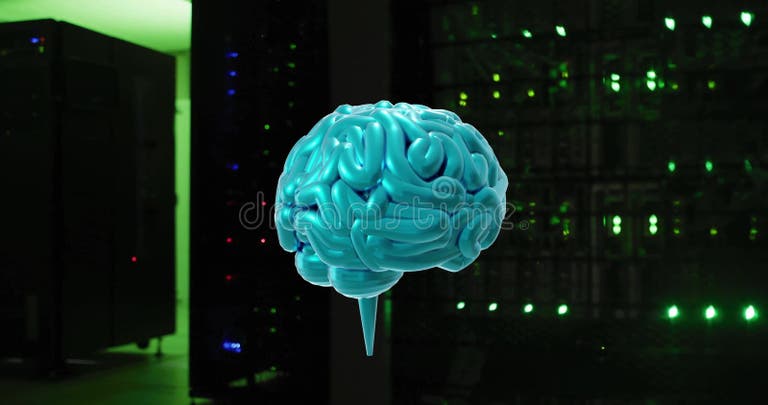 3D Brain Image Over Server Room with Green Lights Stock Photo - Image ...