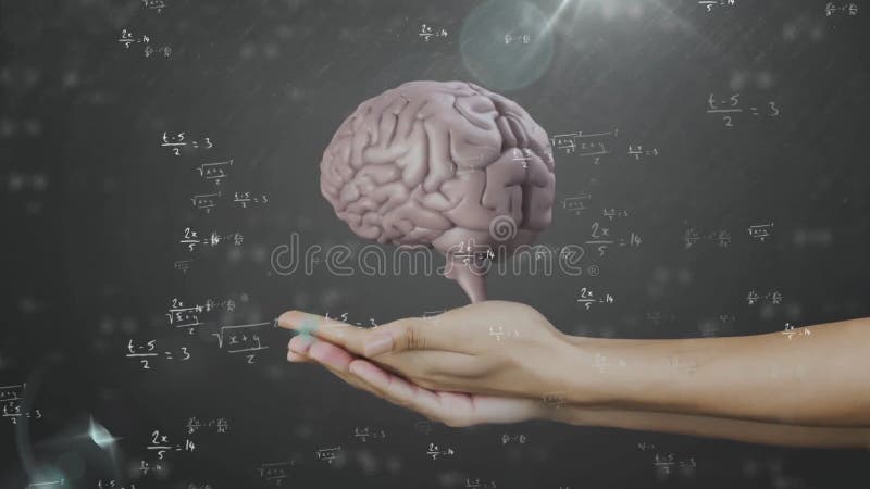 3D Brain Model Floating Over Chalkboard, Cupping Hands Highlighting ...