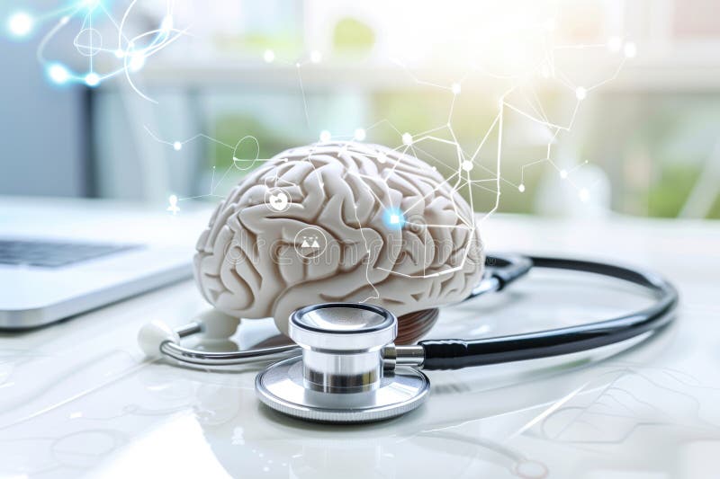 3D Brain Model and Stethoscope on Desk with Laptop and Abstract Network ...