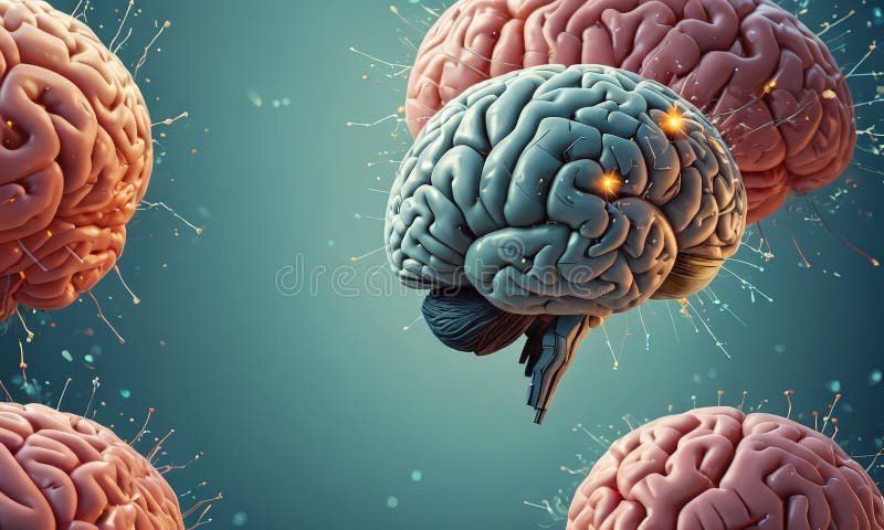 3D Brain with Orange and Yellow Lights, Surrounded by Other Brain-like ...