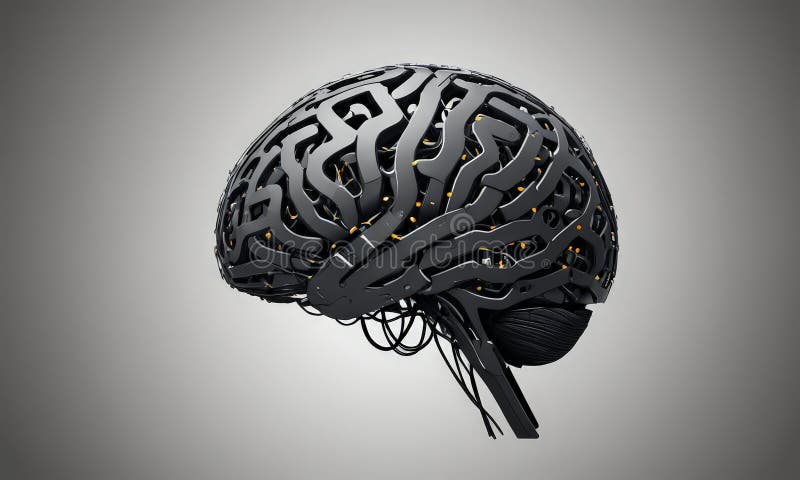 3D Brain, Rendered in Black with Intricate Patterns, is Depicted ...